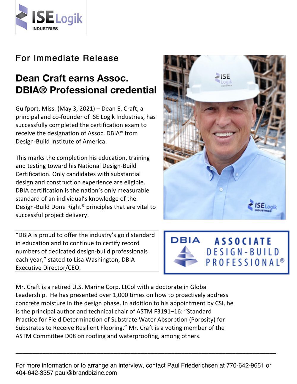 Dean Craft earns Assoc. DBIA Professional credential - ISE Logik